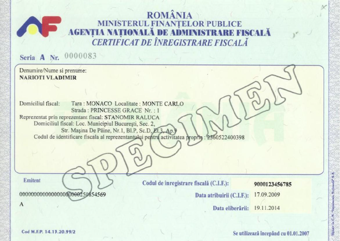 NIF Number Romania / CNP / TIN: Taxpayer Identification Code